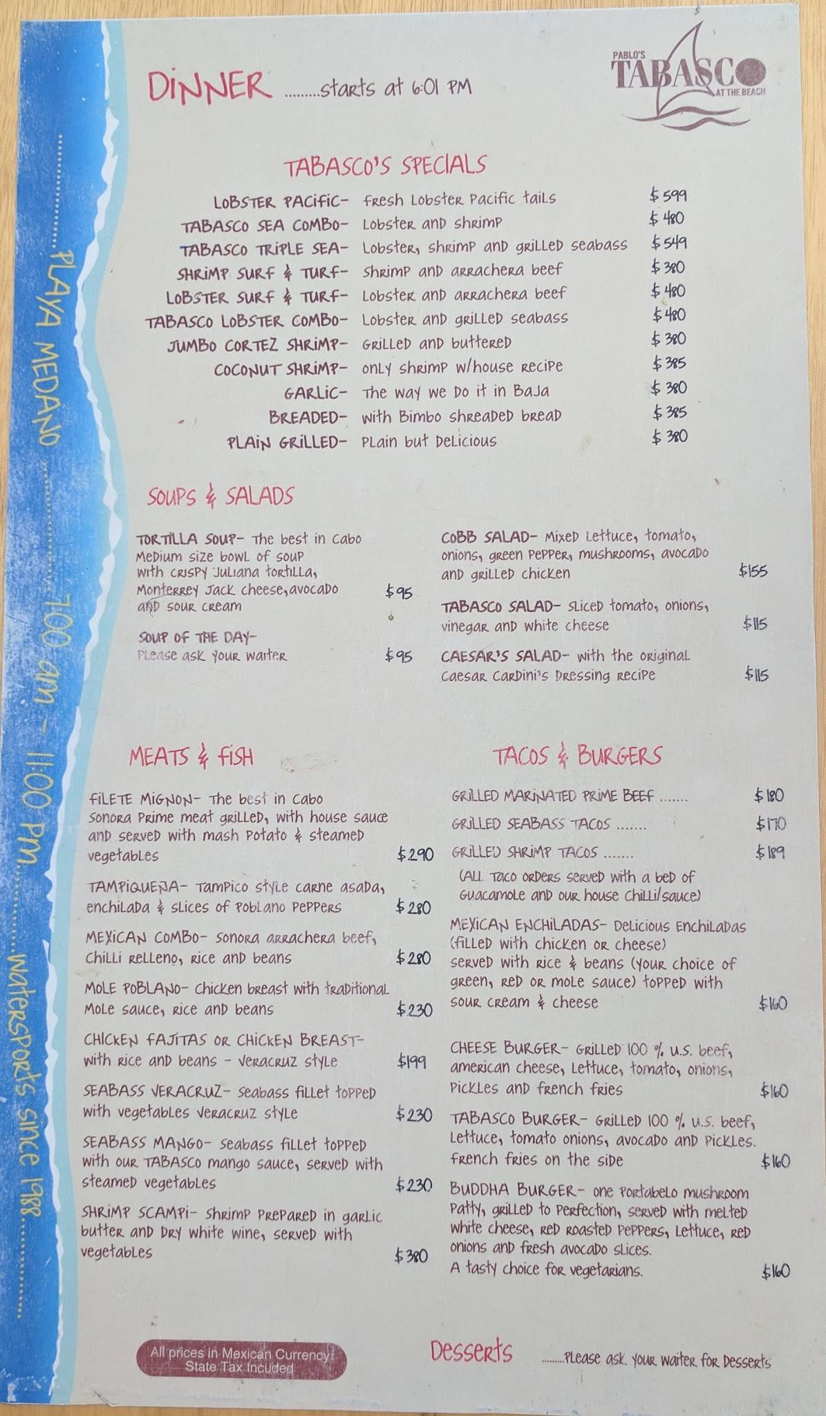 Menu at Tabasco Beach pub & bar, Cabo San Lucas