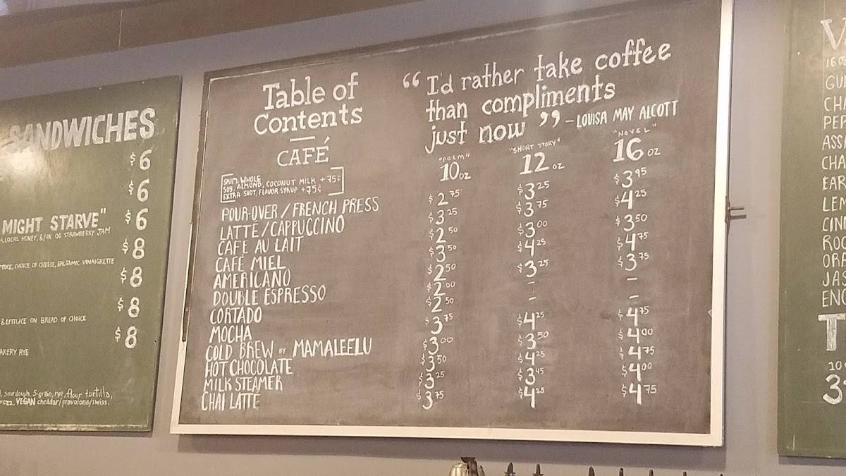 Menu at Table of Contents cafe, Kalamazoo