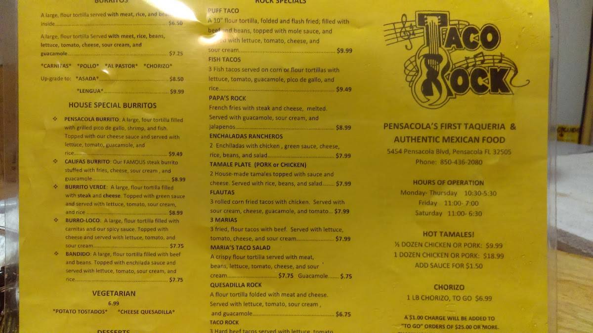 Menu at Taco Rock 29 restaurant, Pensacola, Pensacola Blvd