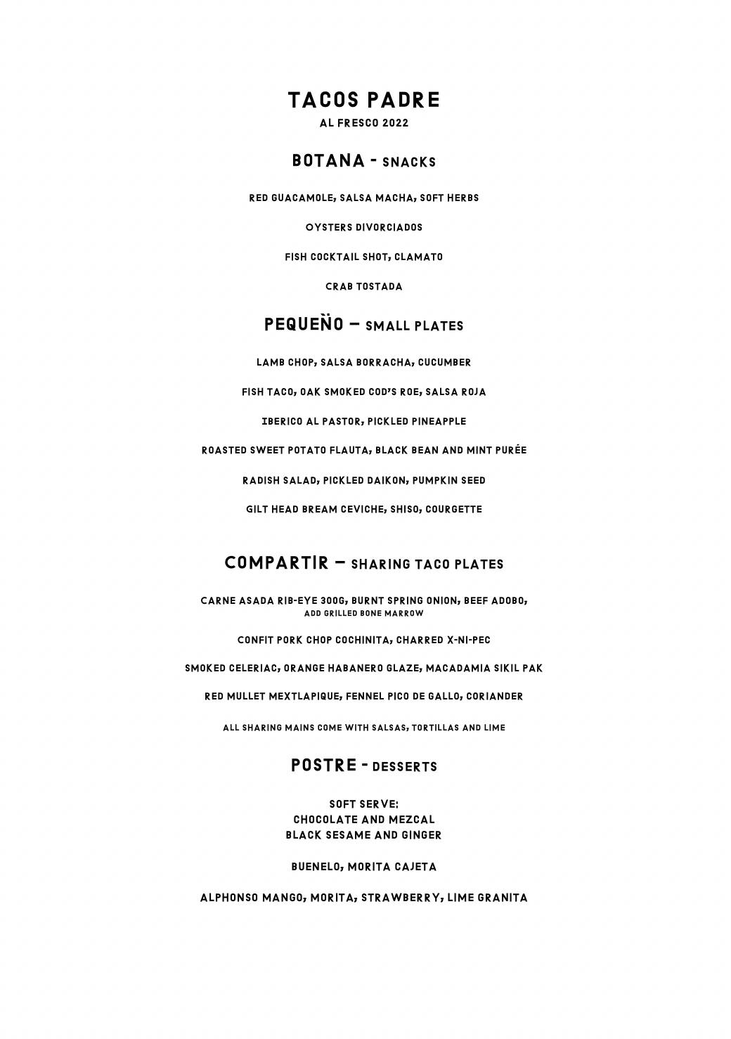 Menu at Tacos Padre restaurant, London