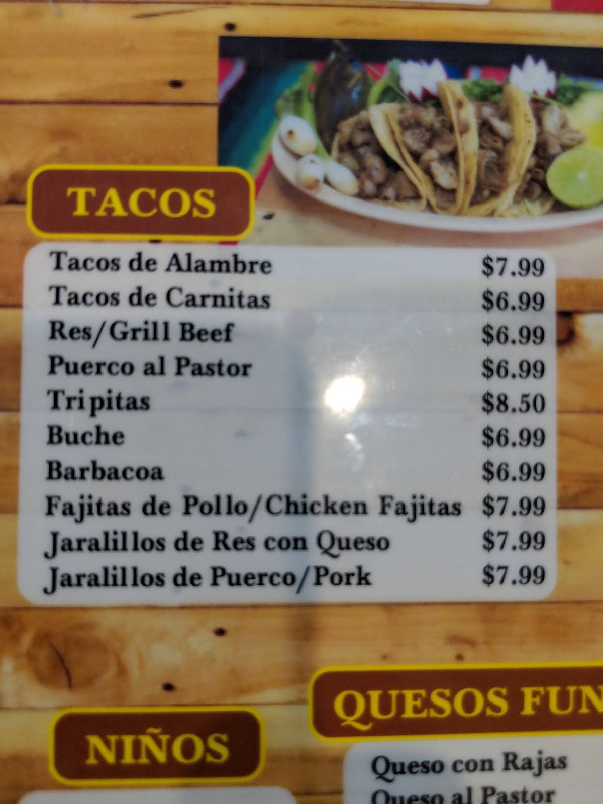 Menu at Tacos Toro Bronco restaurant, El Paso, Montana Ave