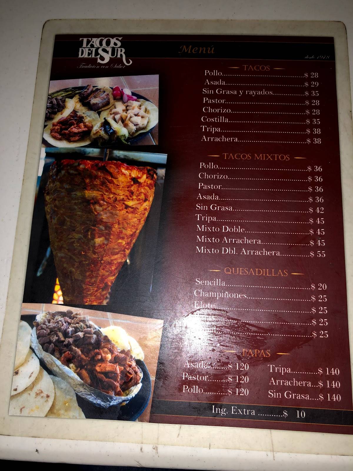 Carta del restaurante Tacos del Sur, La Paz, Tabachines 130