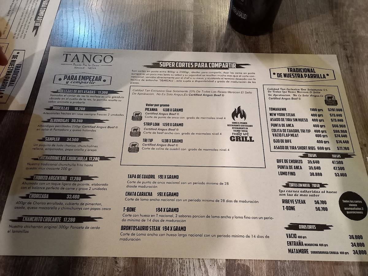 Carta del restaurante Tango Pasión por la Carne Neiva, Neiva