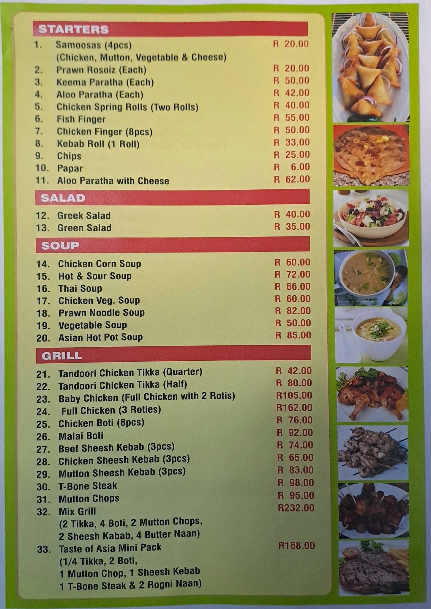Menu at Taste Of Asia restaurants, Lenasia