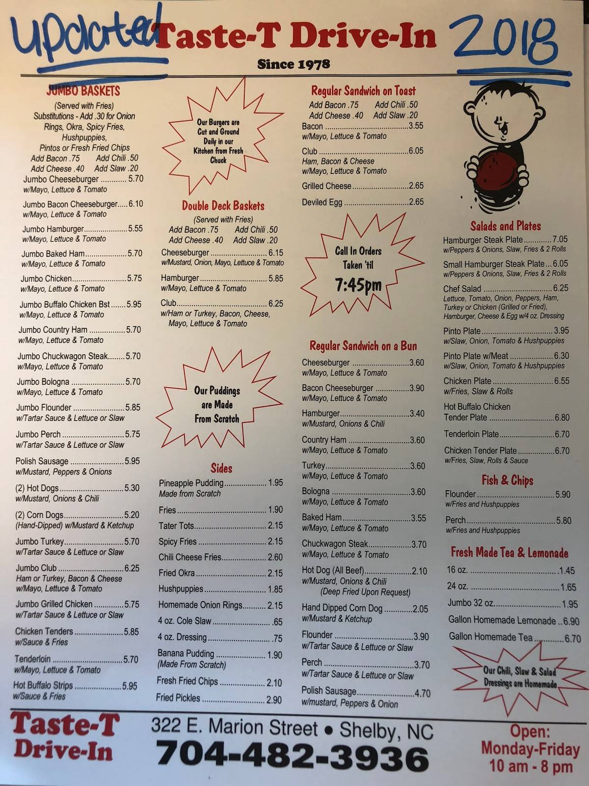 Menu at Taste-T-Drive-In restaurant, Shelby