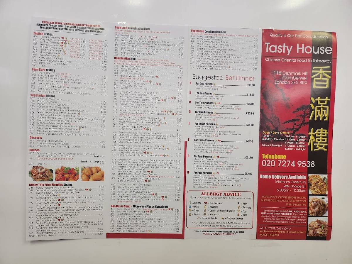 Menu at Tasty House restaurant, London, 118 Denmark Hill
