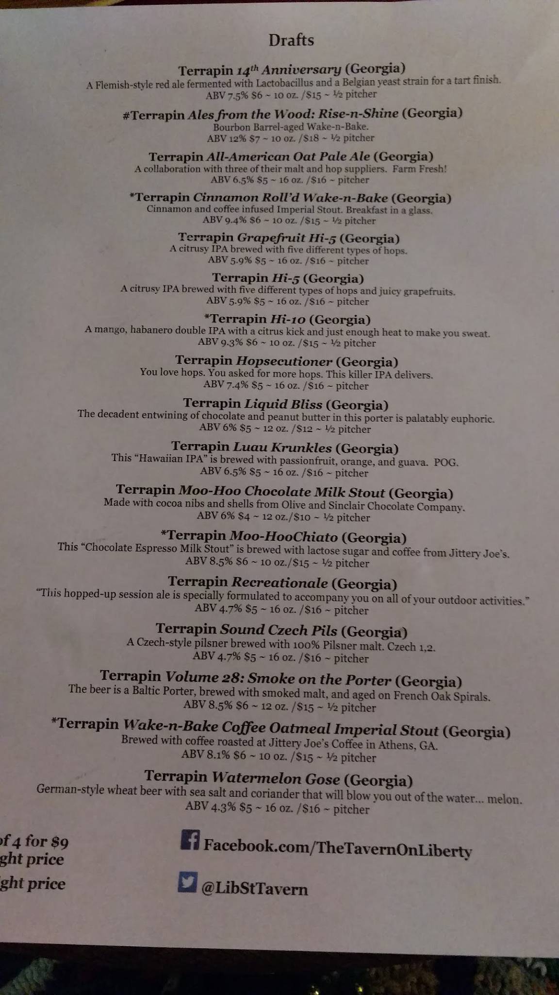 Menu at Tavern on Liberty pub & bar, Allentown