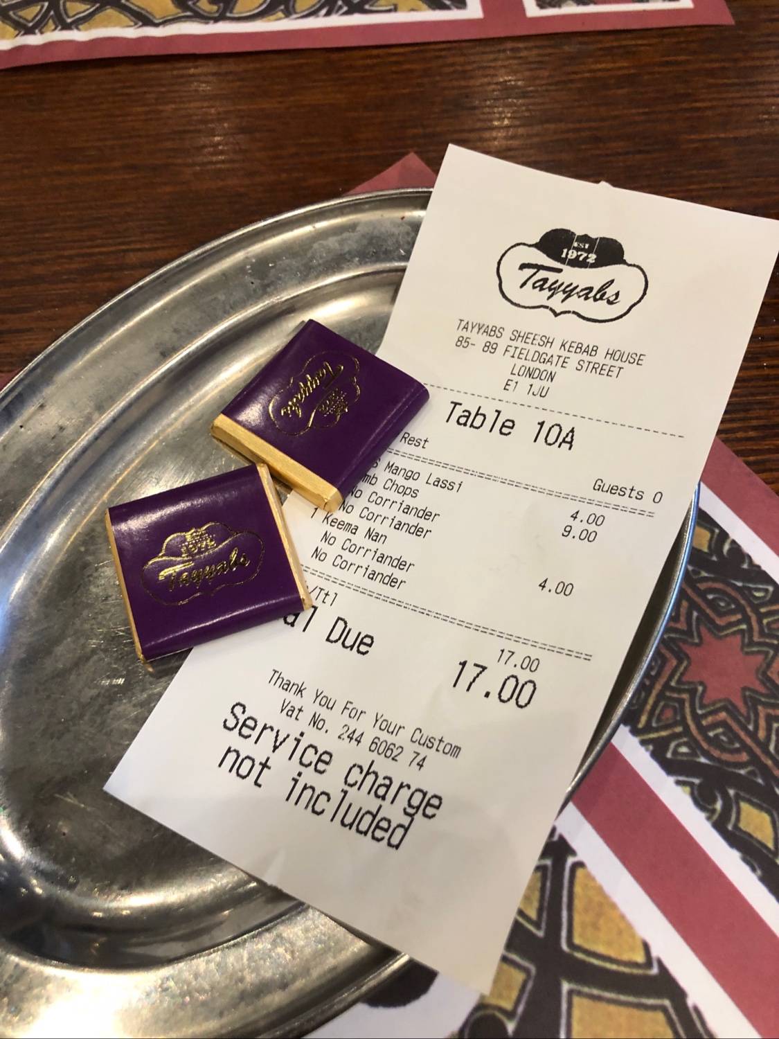 Menu at Tayyabs restaurant, London, 83-89 Fieldgate St