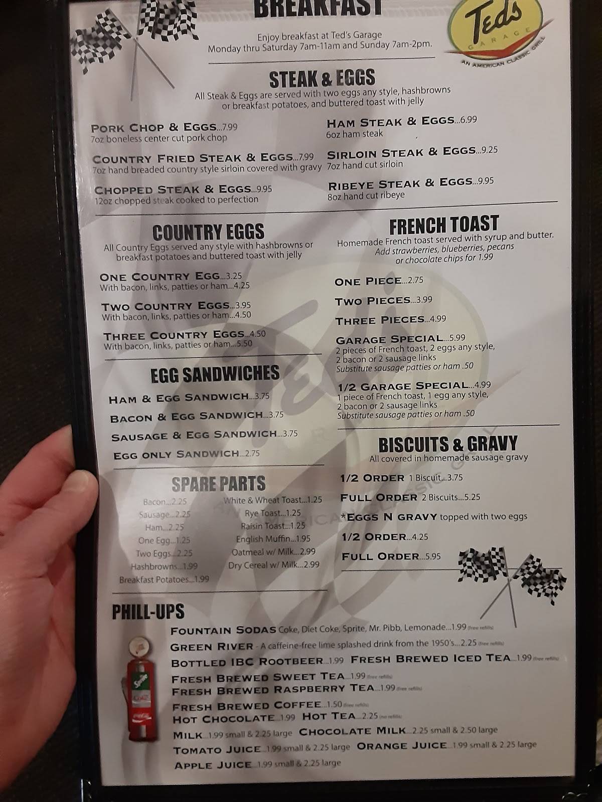 Menu at Ted's Garage restaurant, Clinton
