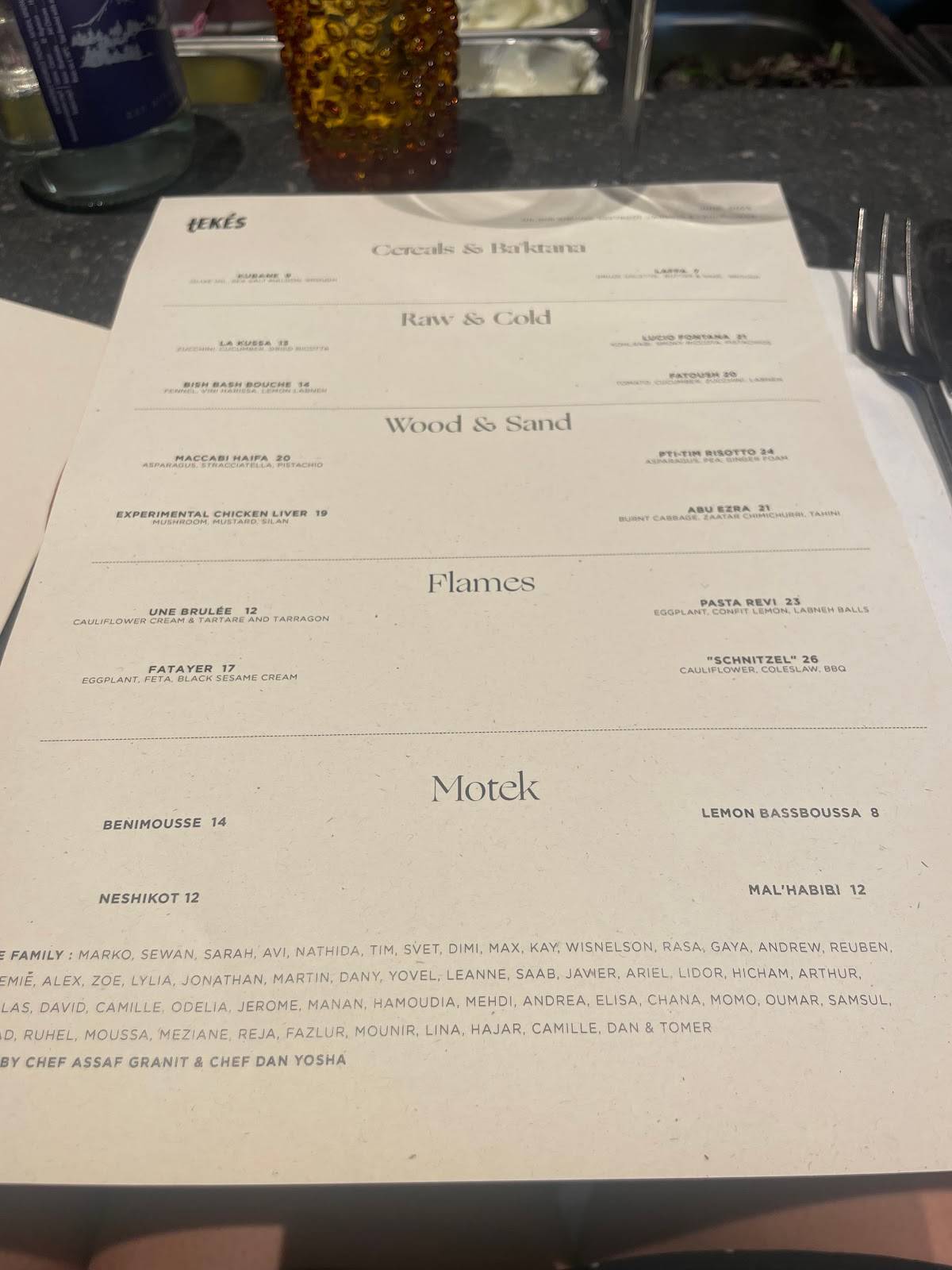 Menu au Tekés restaurant, Paris