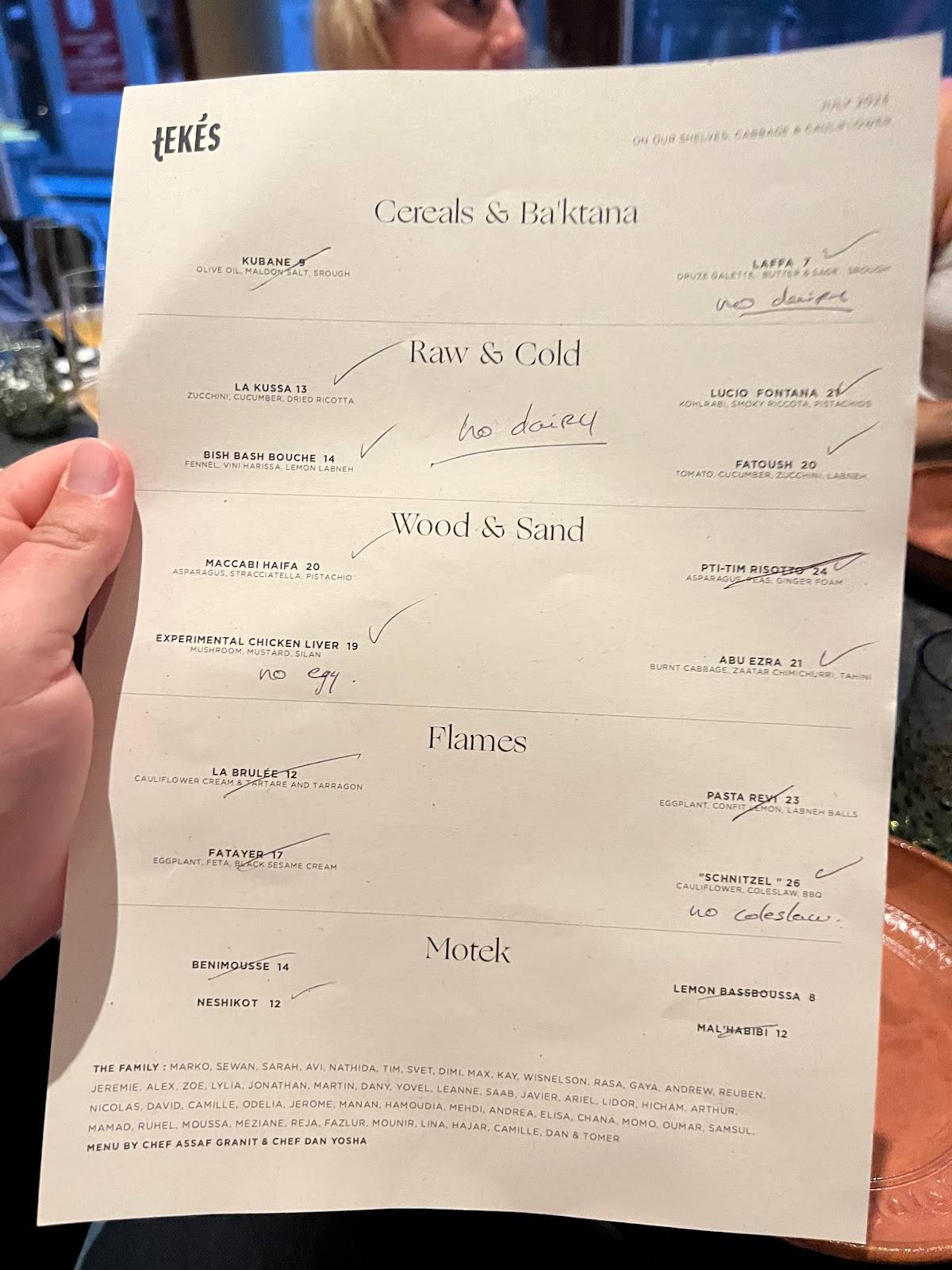 Menu at Tekés restaurant, Paris