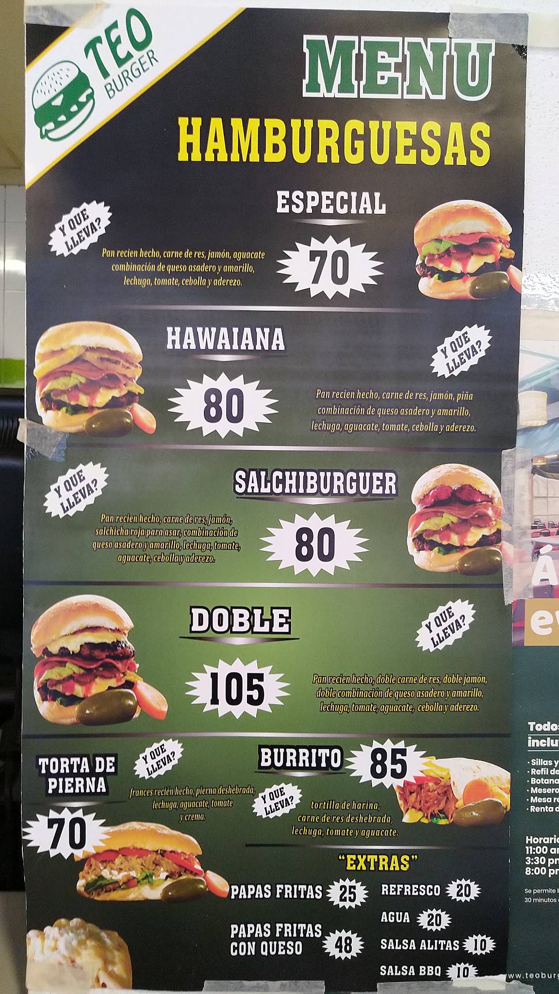 Carta del restaurante Teo Burger Chulavista, Guadalupe