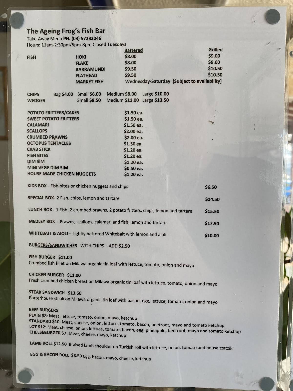Menu at The Ageing Frog Fish Bar, Beechworth