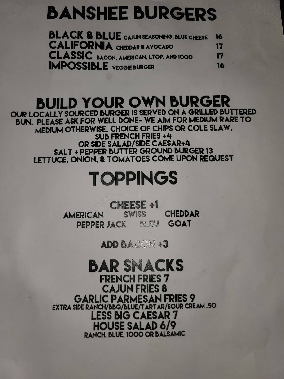 Menu at The Banshee pub & bar, Chico, 134 W 2nd St