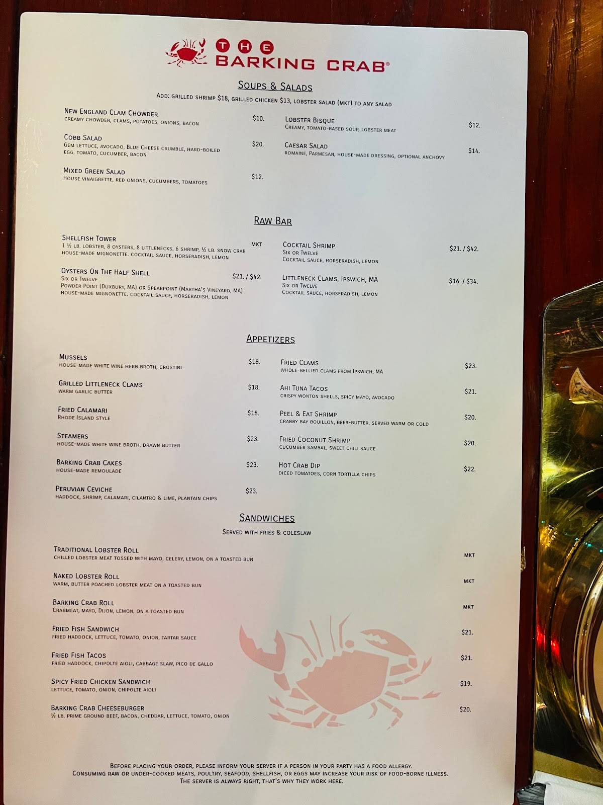 Menu at The Barking Crab, Boston