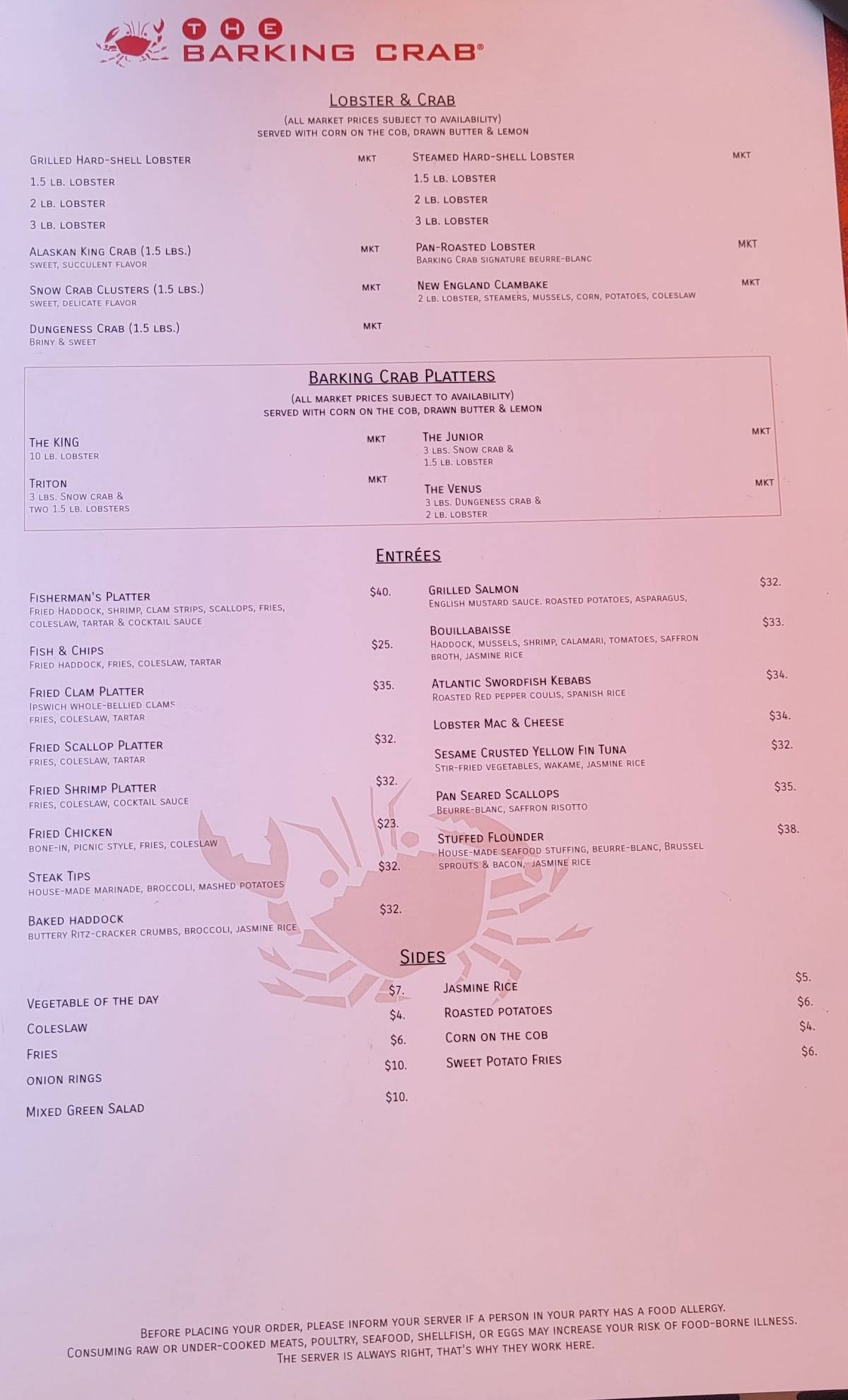 Menu at The Barking Crab, Boston