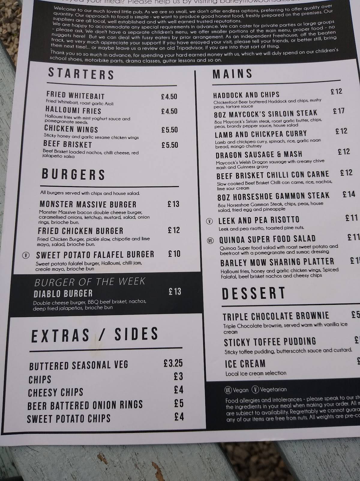 Menu at The Barley Mow, Matlock