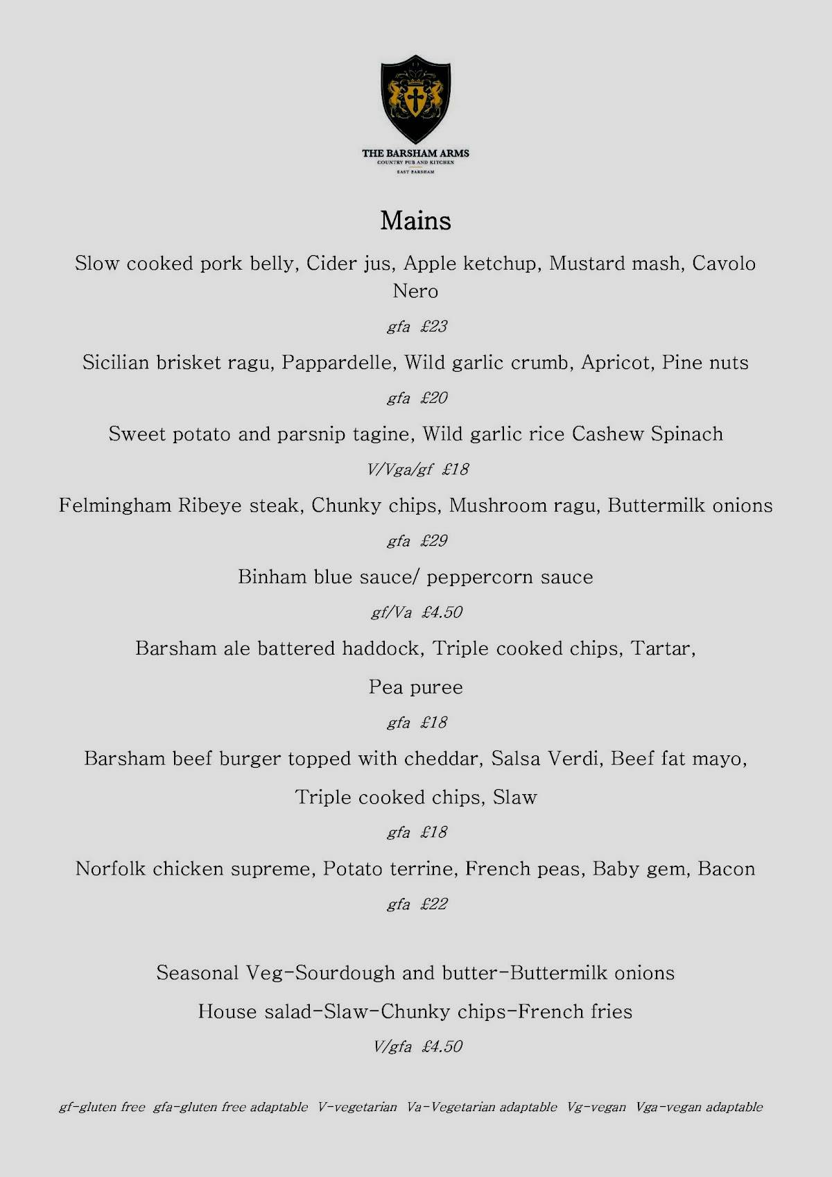 Menu at The Barsham Arms, Fakenham, Fakenham Rd