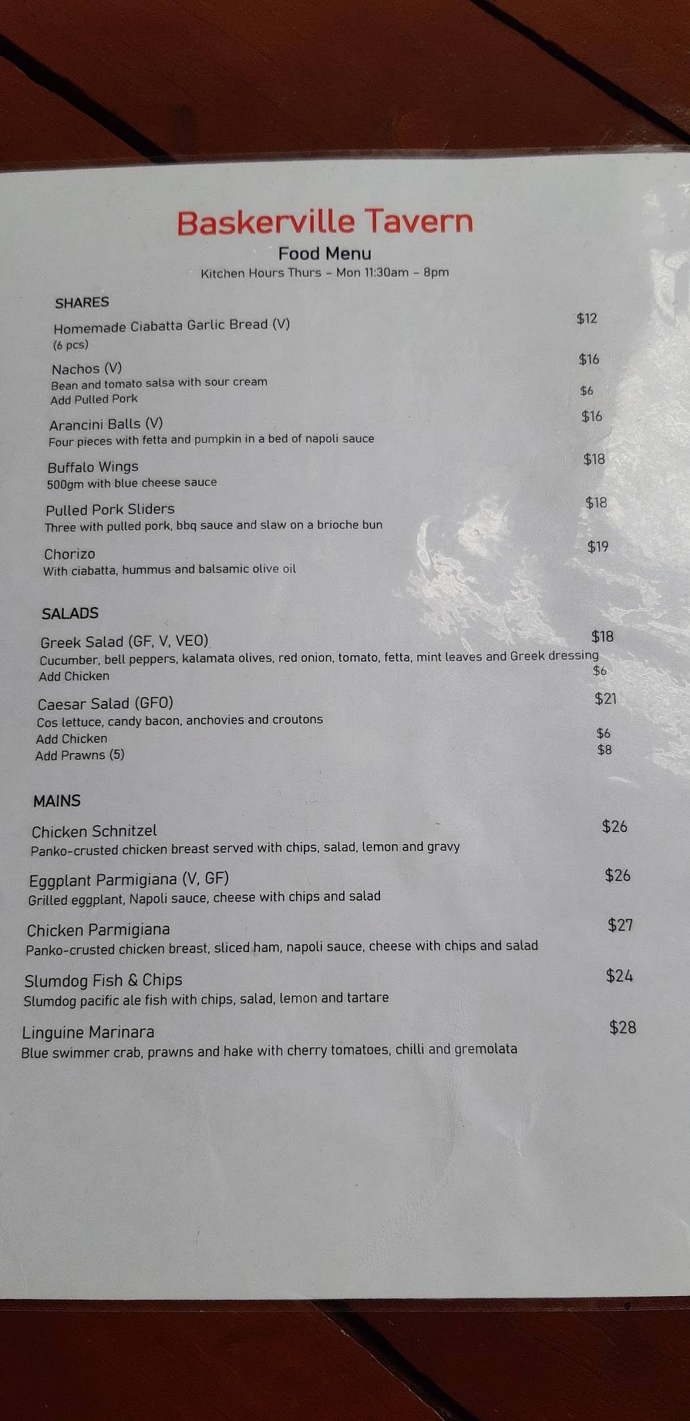 Menu at The Baskerville tavern pub & bar, Baskerville