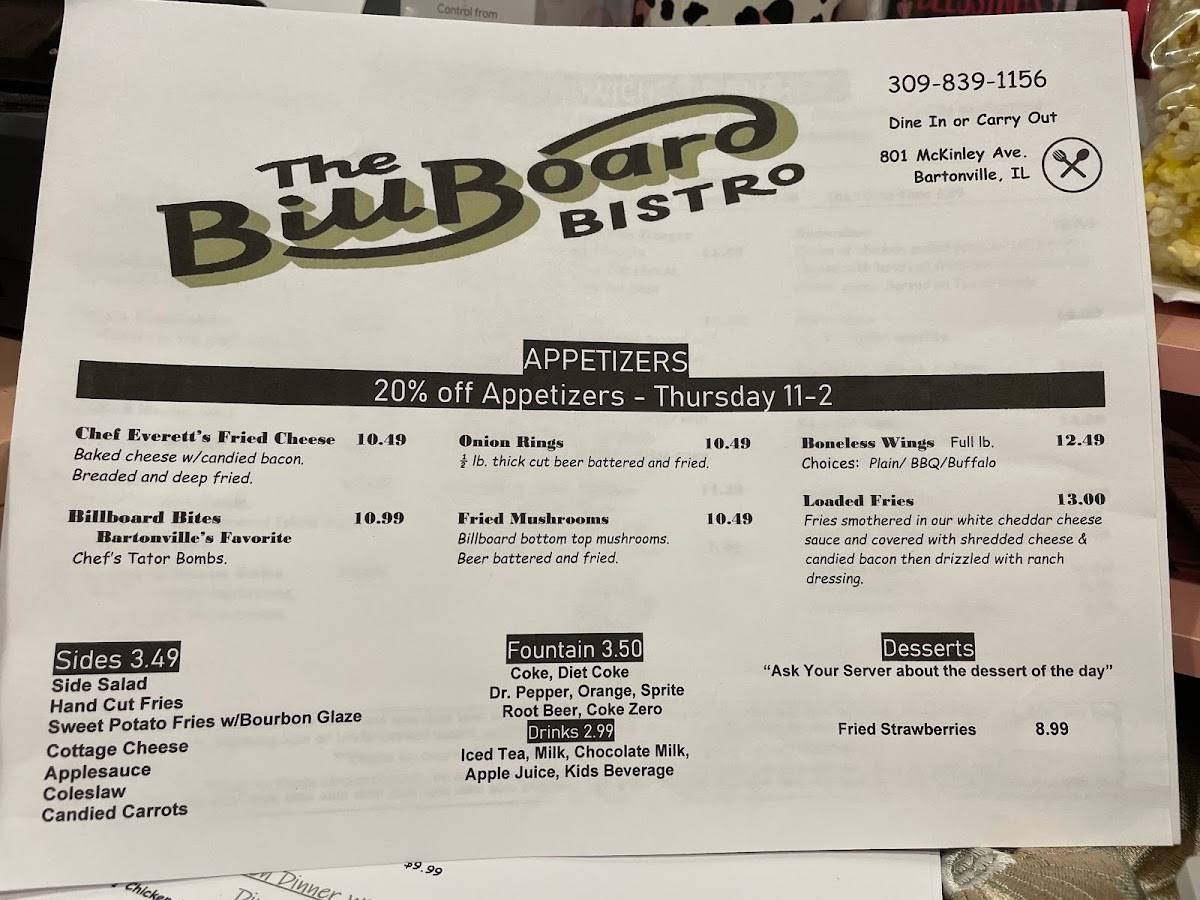 Menu at The BillBoard Bistro restaurant, Bartonville