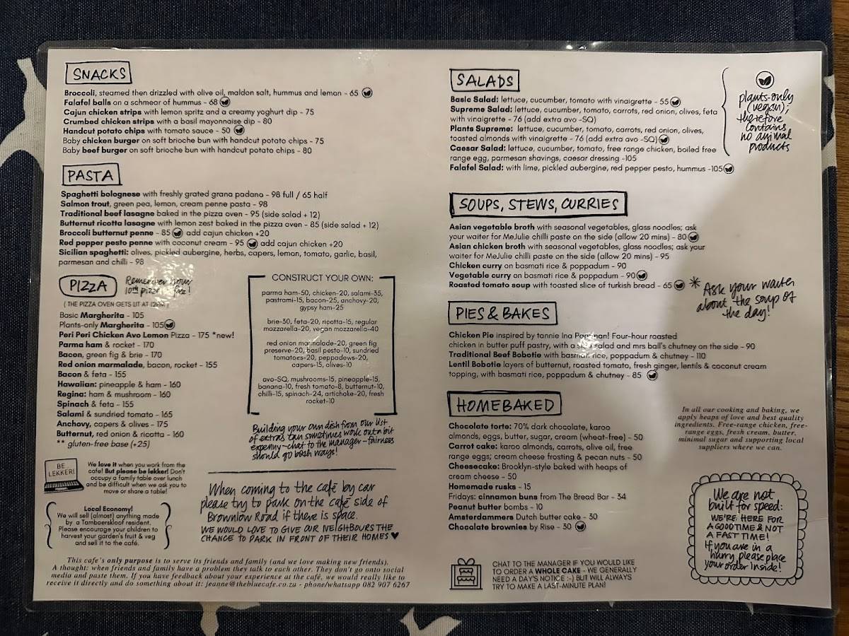 Menu at The Blue Cafe, Cape Town
