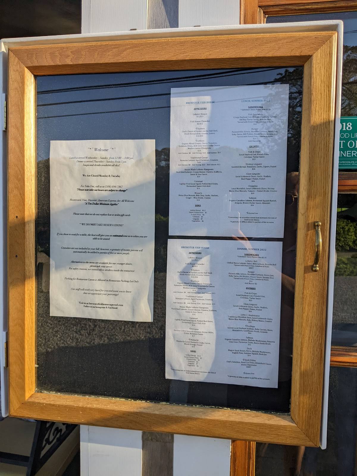 Menu at The Brewster Fish House restaurant, Brewster, Main St