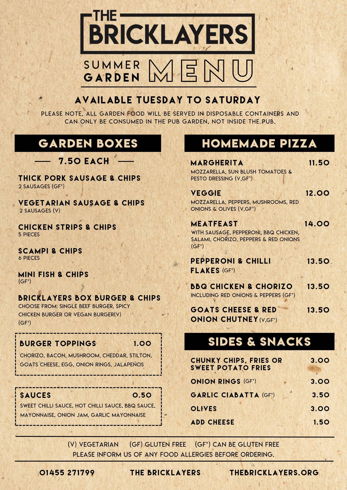 Menu at The Bricklayers pub & bar, Burbage