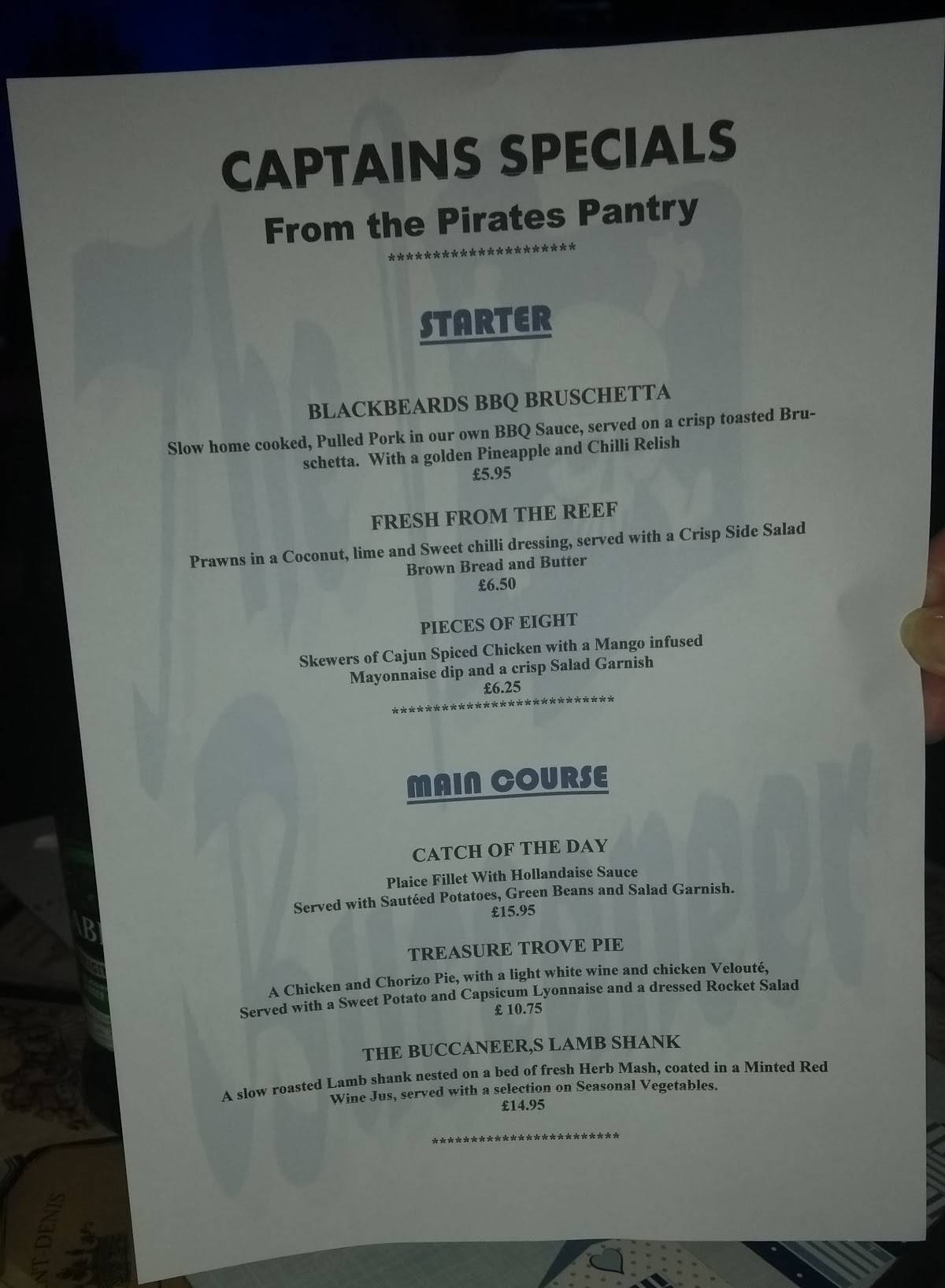 Menu at The Buccaneer pub & bar, Filey
