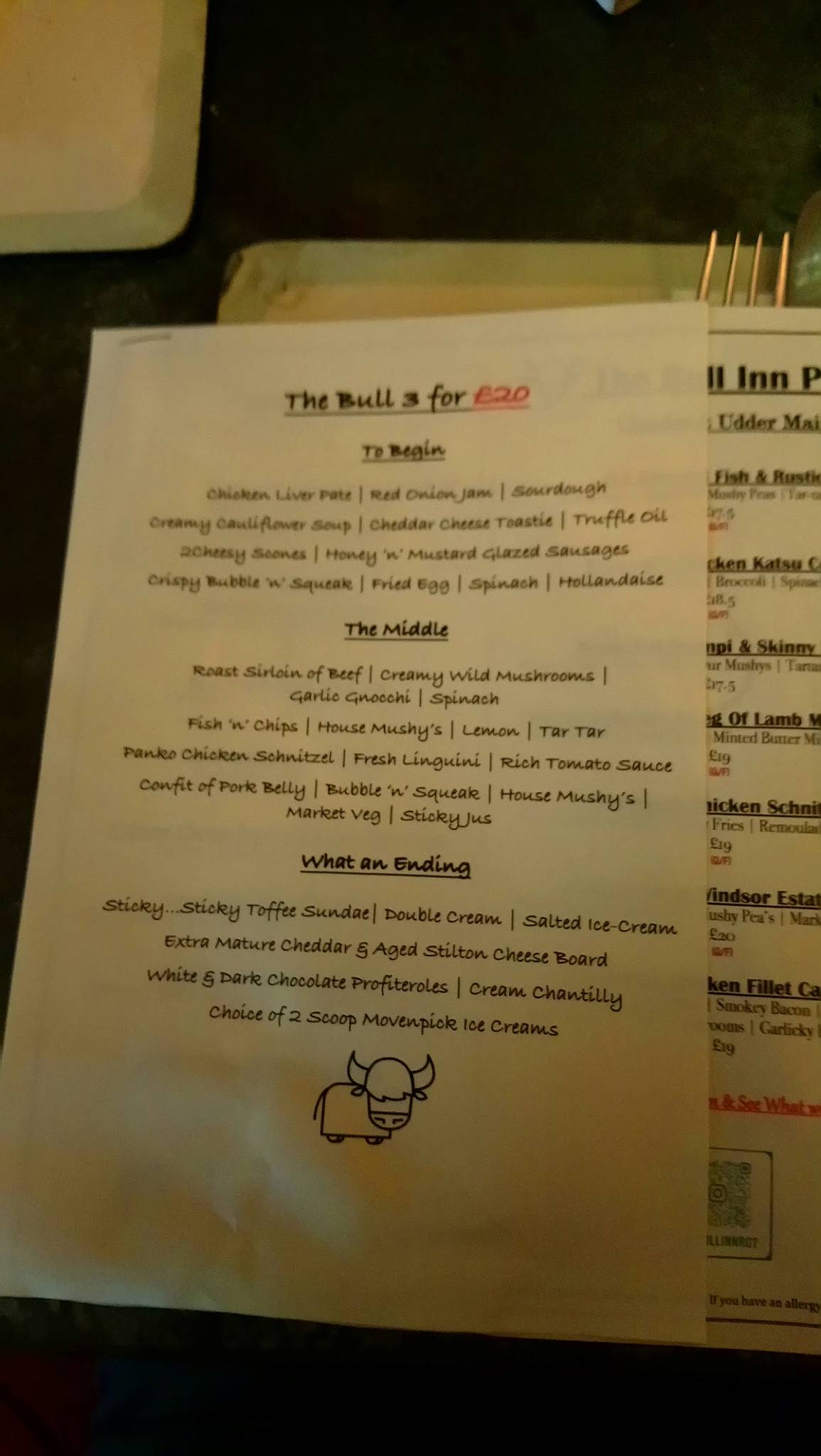 Menu at The Bull Inn pub & bar, Bradfield Southend, Cock Lane