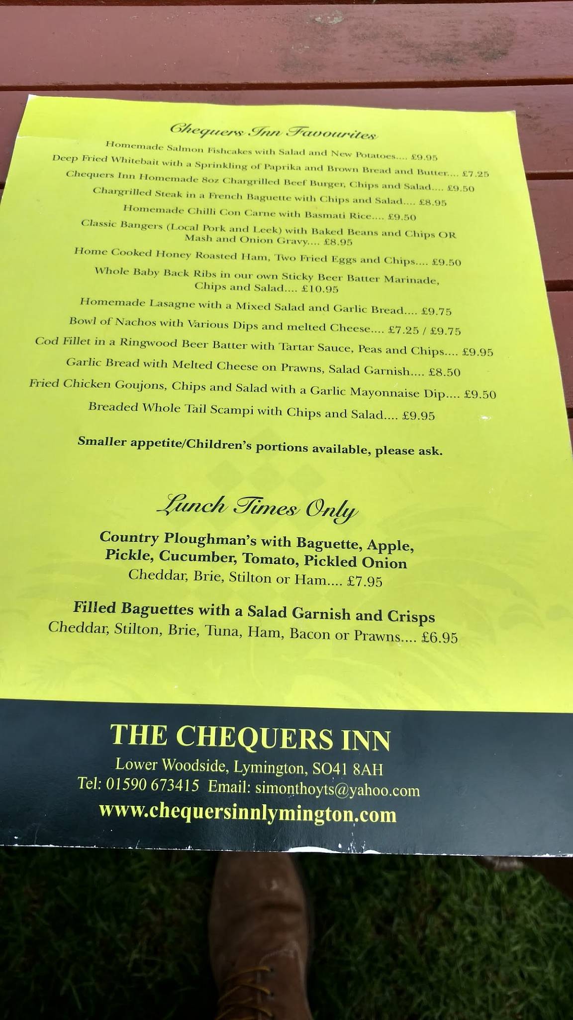 Menu at The Chequers Inn pub & bar, Lymington