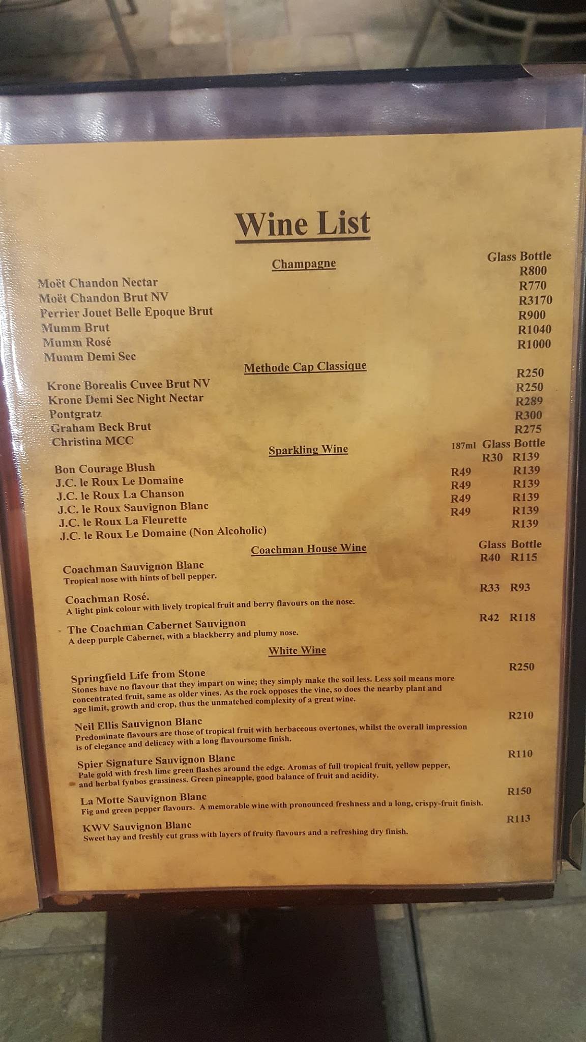 Menu at The Coachman Restaurant, Port Elizabeth, Brookes on the bay