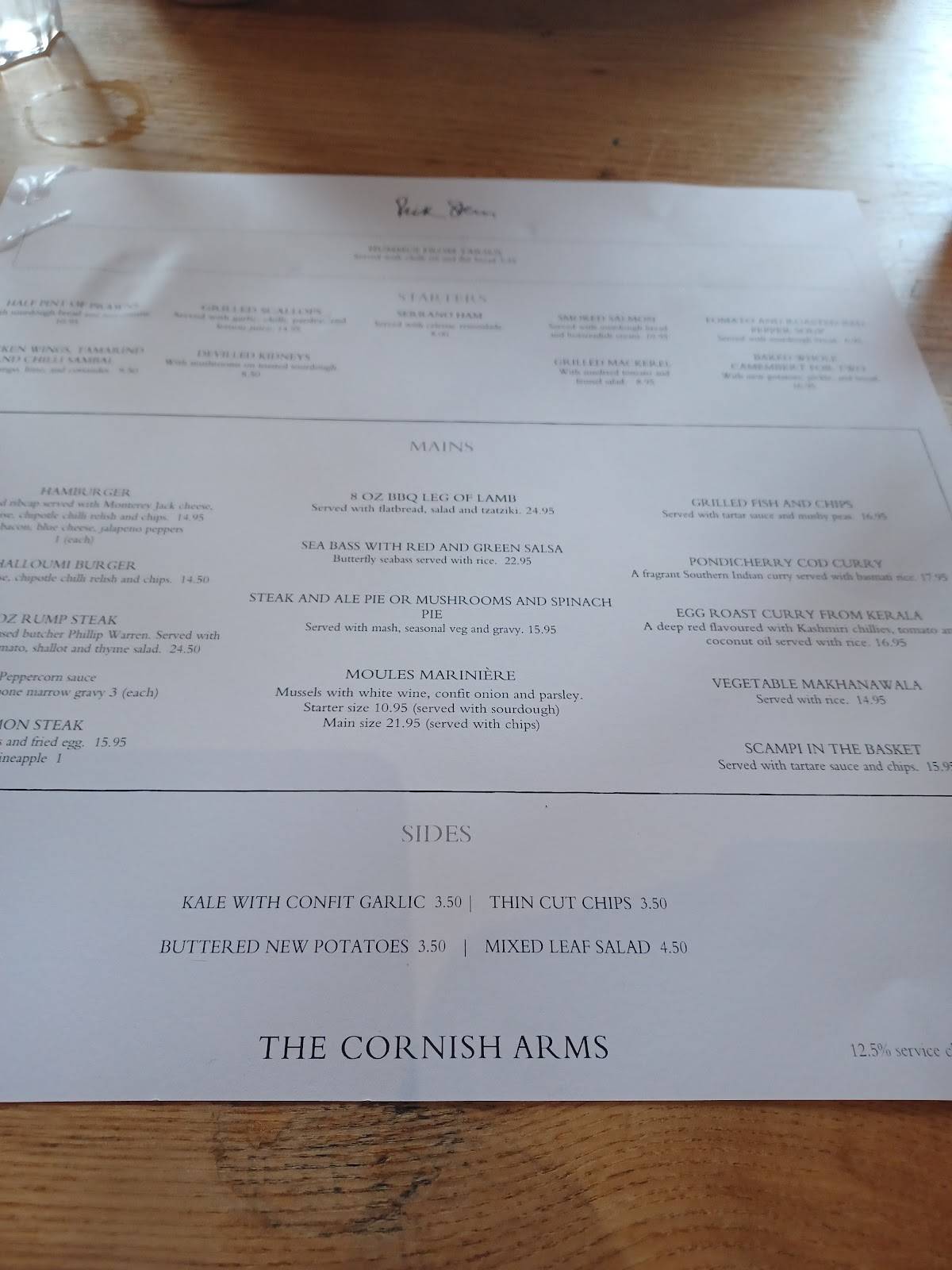 Menu at The Cornish Arms restaurant, Padstow