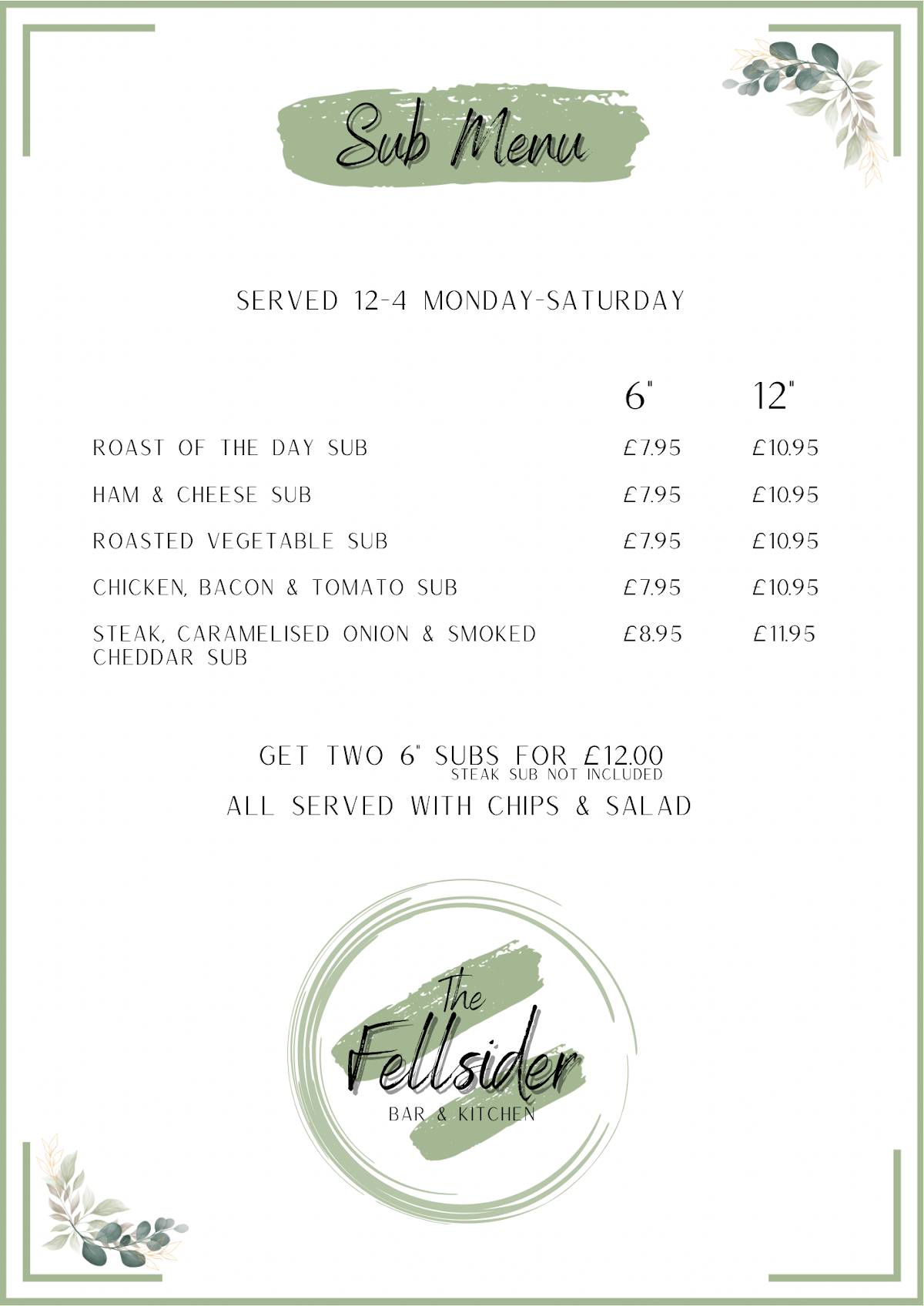Menu at The Fellsider Bar & Kitchen, Gateshead