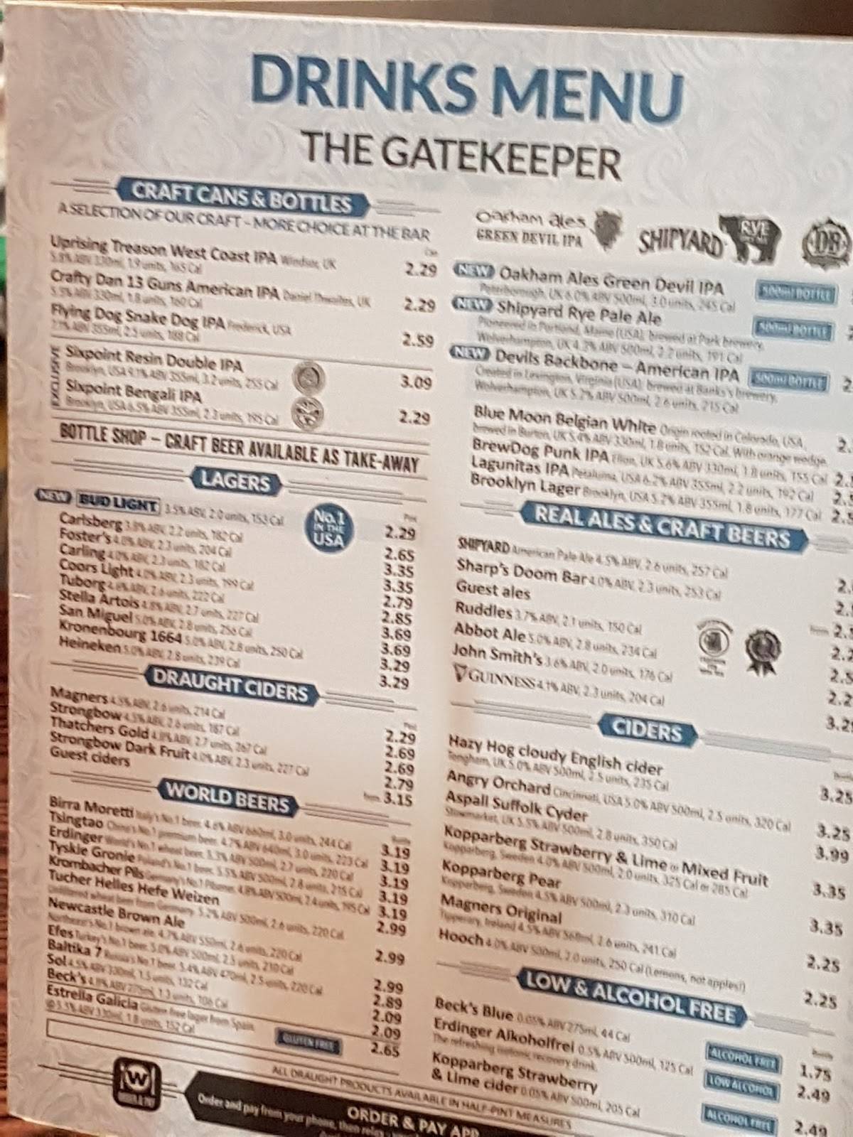 Menu at The Gatekeeper pub & bar, Cardiff
