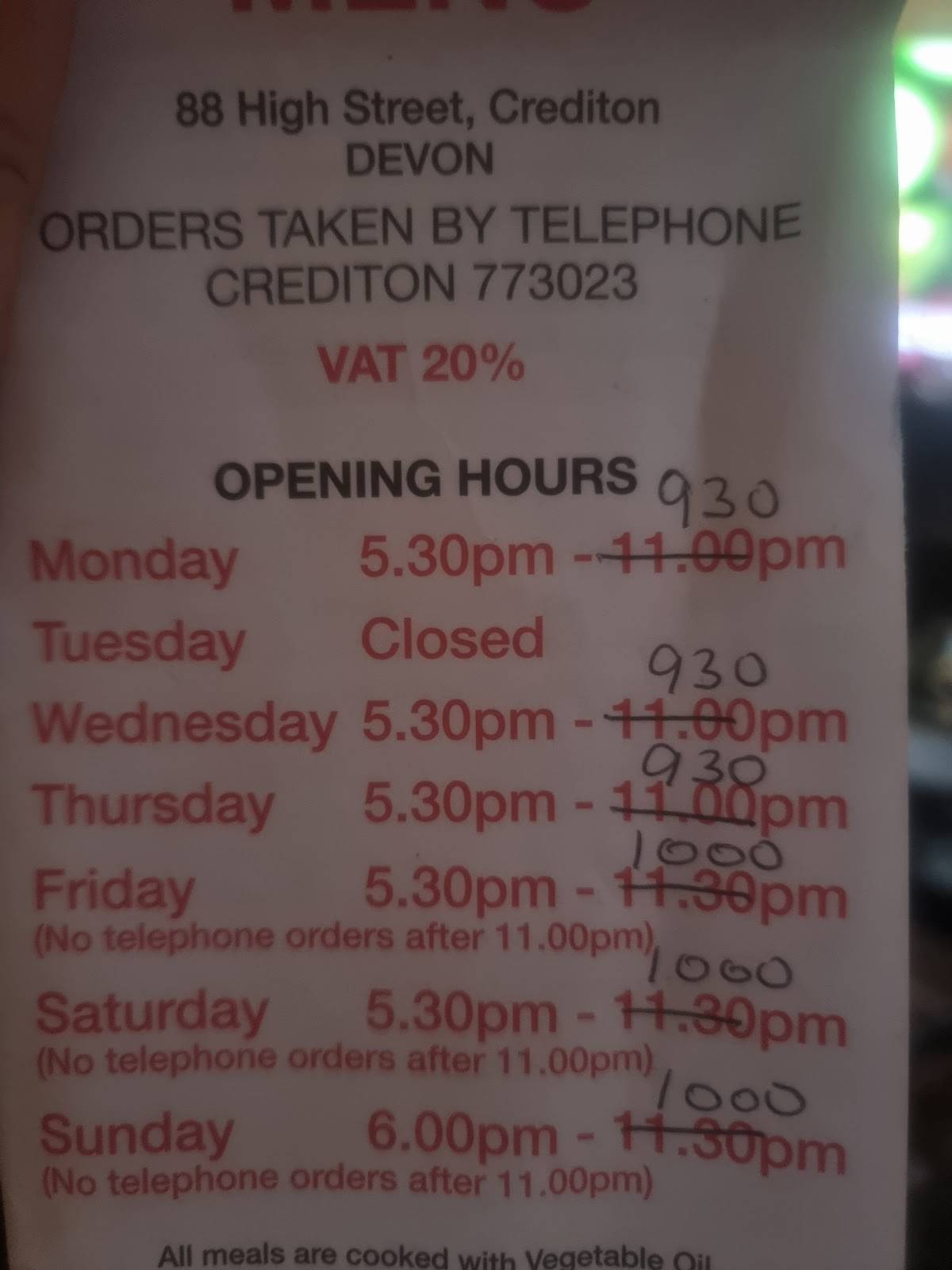Menu at The Golden Bridge House fast food, Crediton