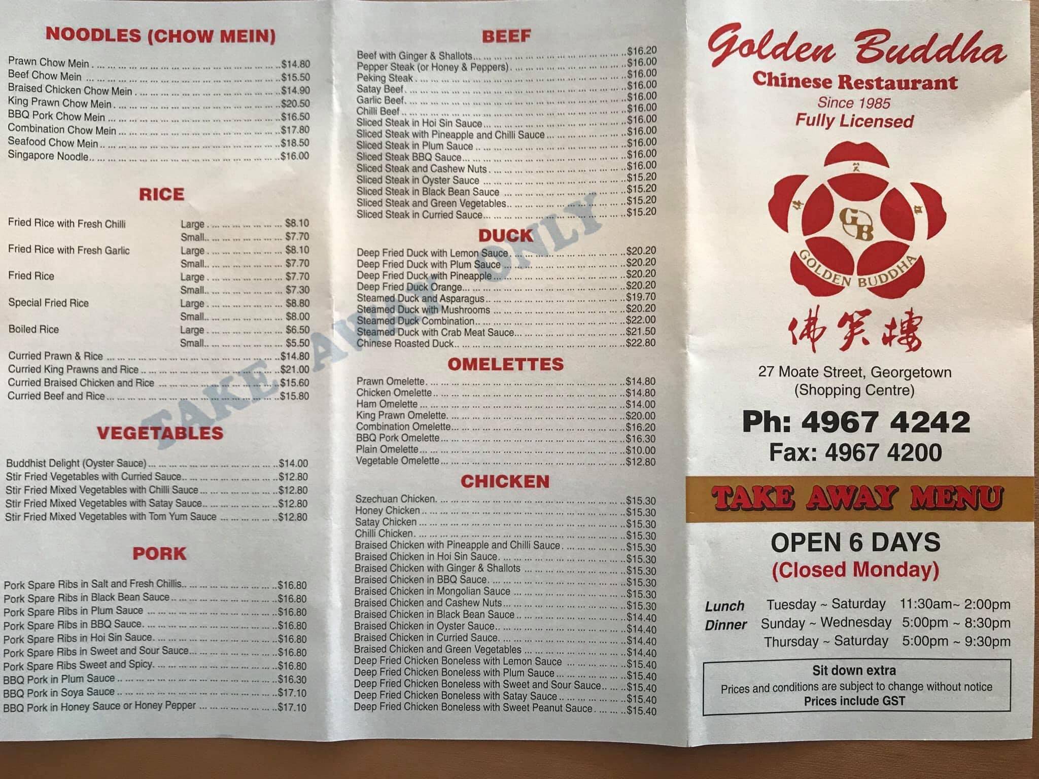 Menu at The Golden Buddha Restaurant, Georgetown