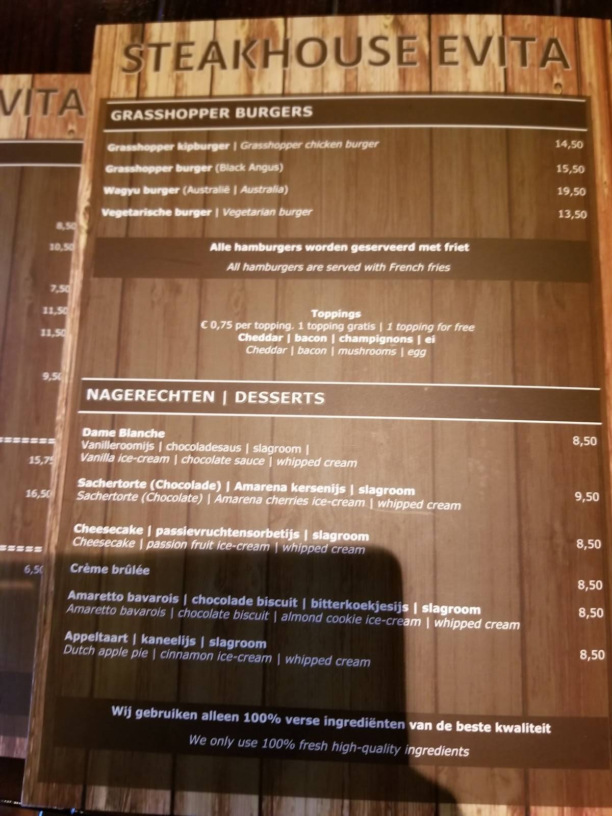 Menu at The Grasshopper, Amsterdam