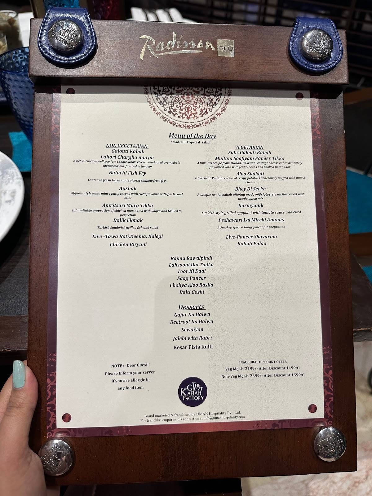 Menu at The Great Kabab Factory (Radisson Blu Kaushambi), Ghaziabad