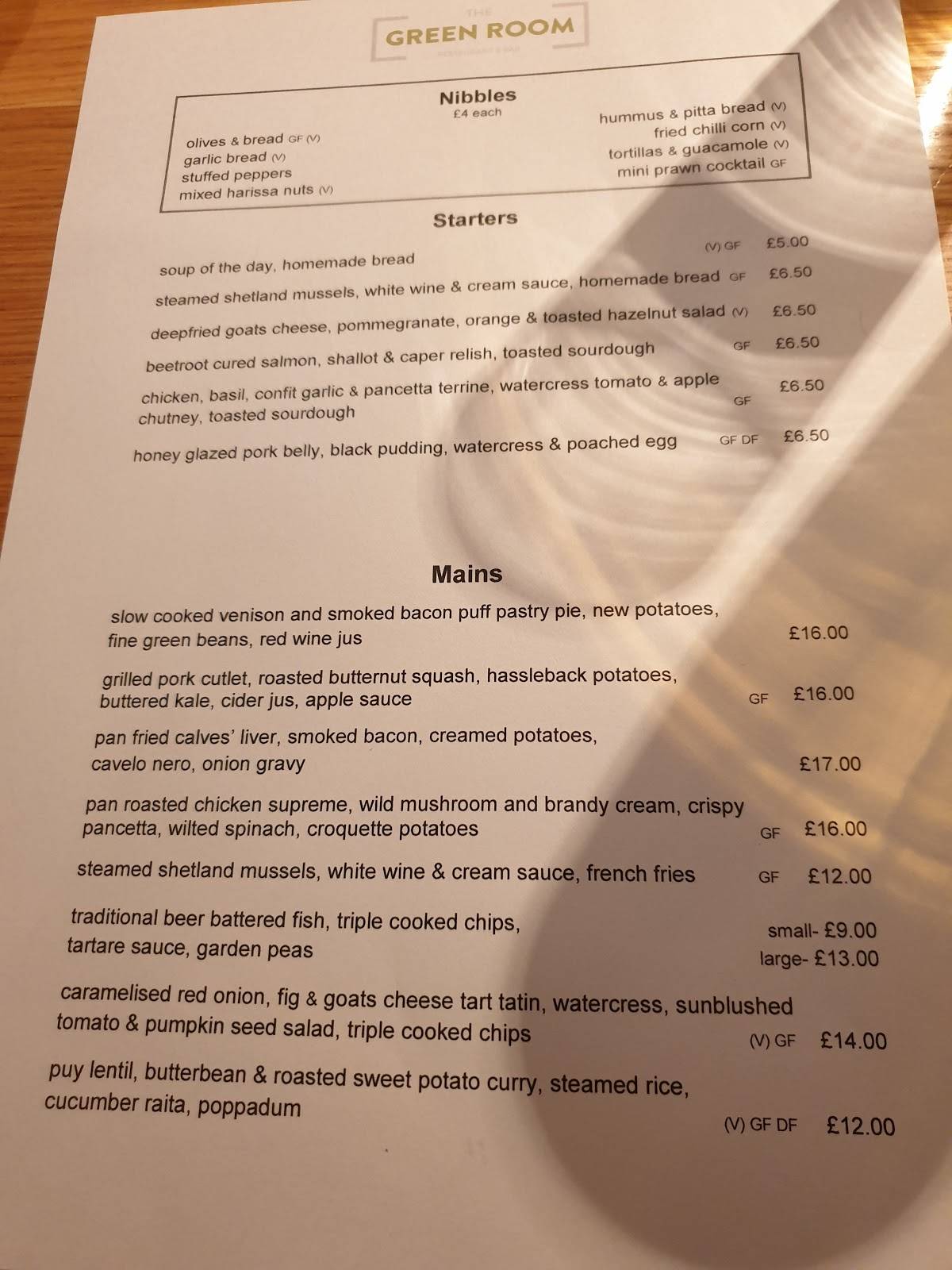 Menu at The Green Room restaurant, Colchester