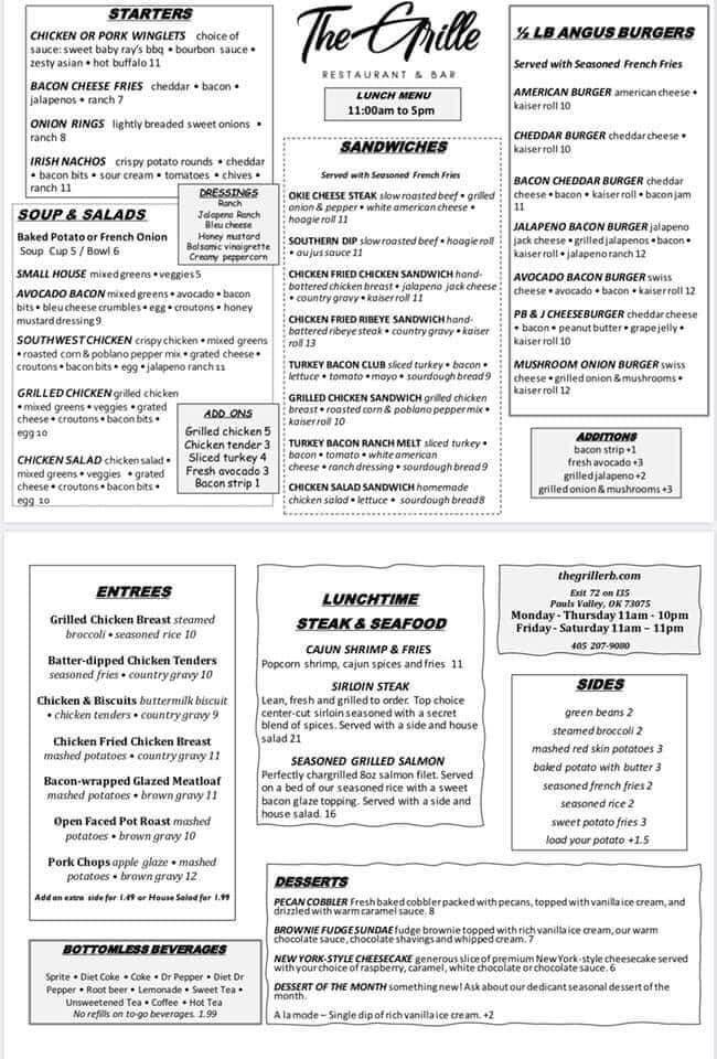Menu at The Grille pub & bar, Pauls Valley