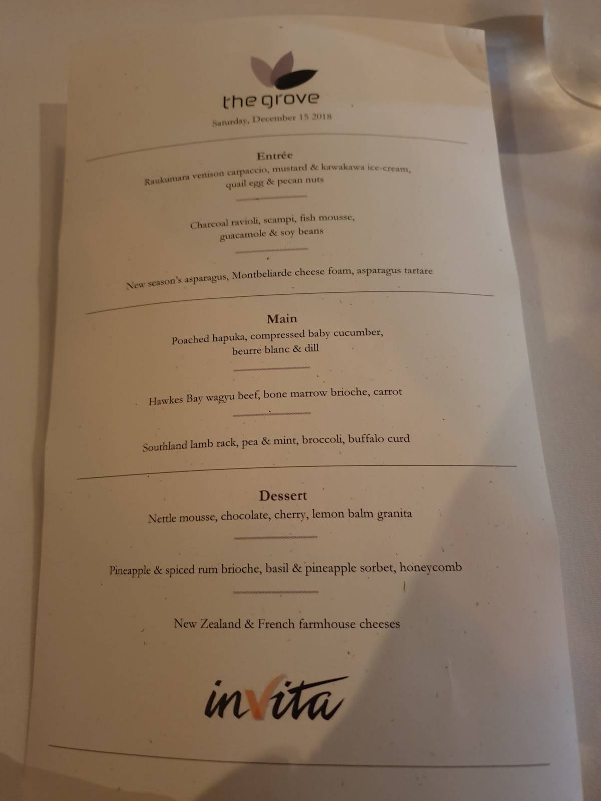 Menu at The Grove Restaurant, Auckland