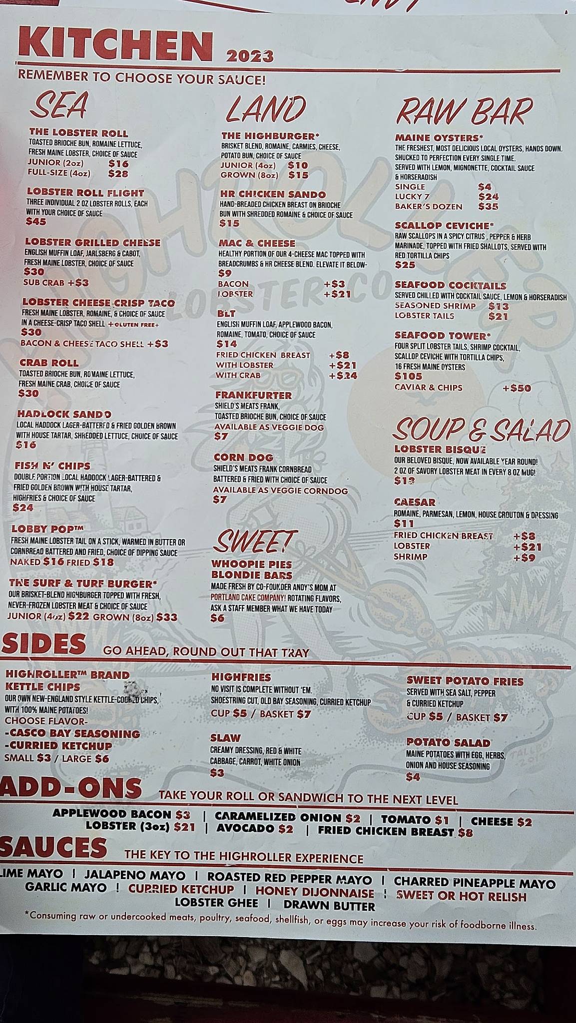 Menu at The Highroller Lobster Co. pub & bar, Portland