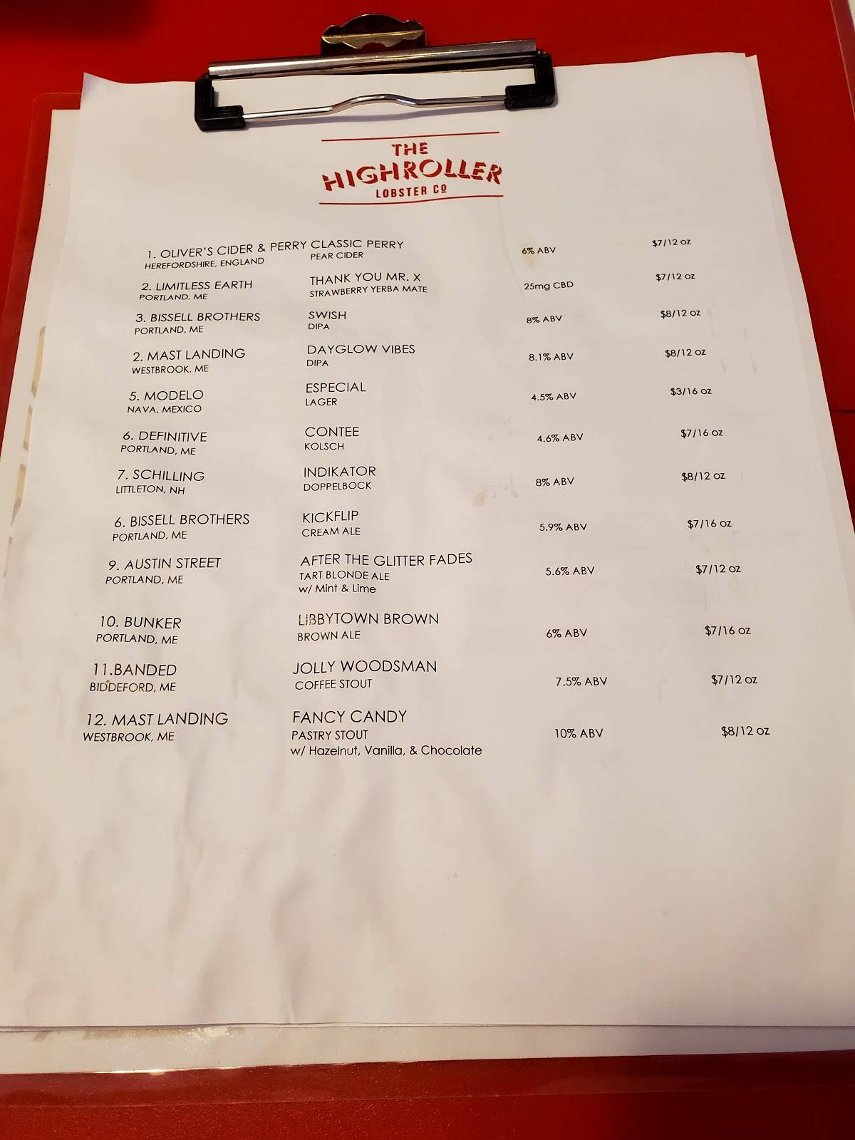 Menu at The Highroller Lobster Co. pub & bar, Portland