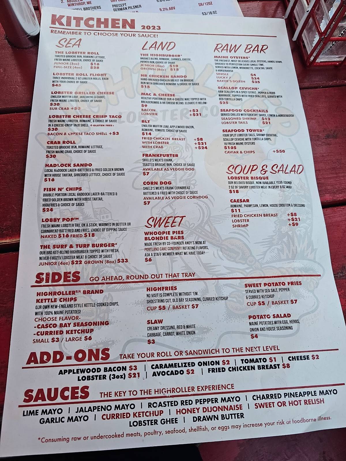 Menu at The Highroller Lobster Co. pub & bar, Portland