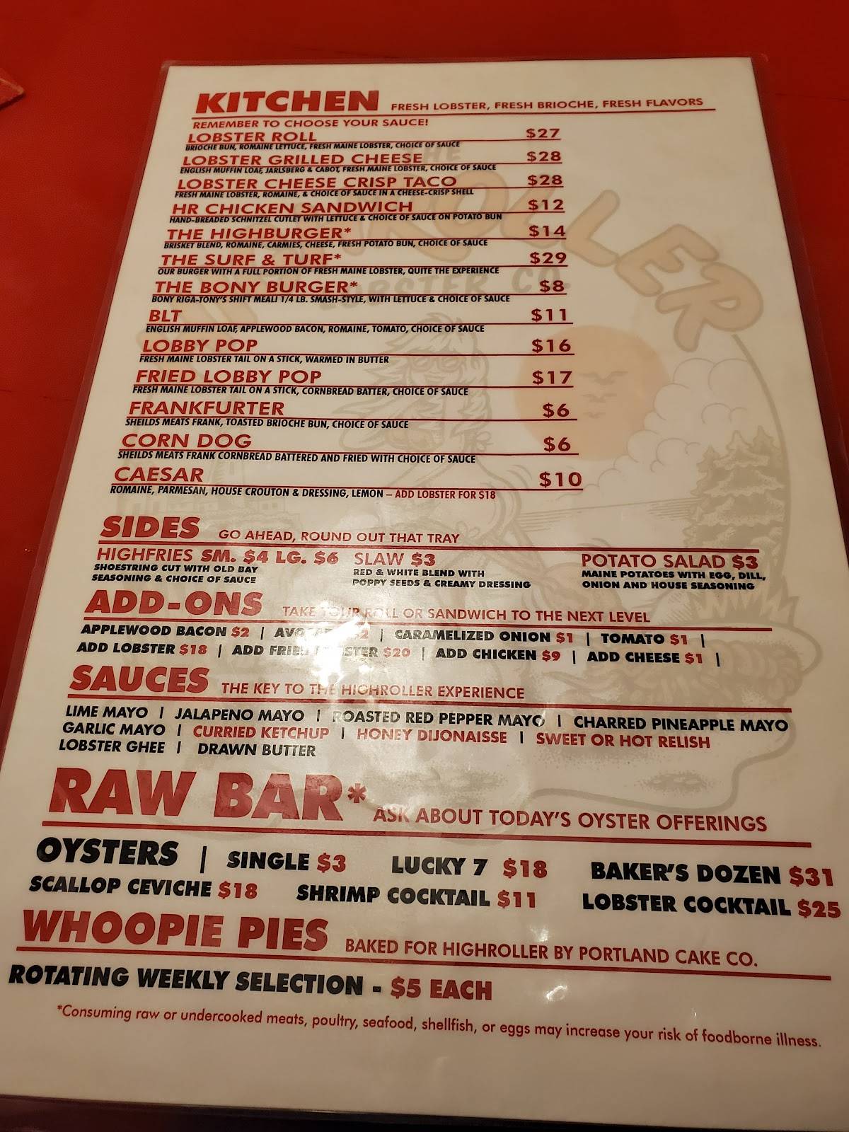Menu at The Highroller Lobster Co. pub & bar, Portland