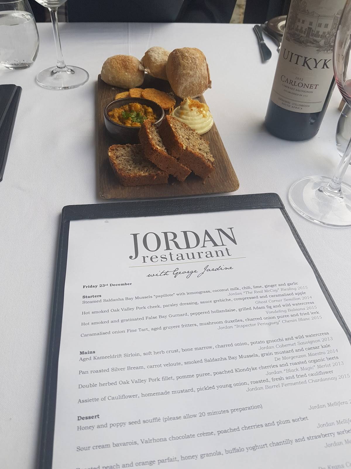 Menu at The Jordan Restaurant with Marthinus Ferreira, Stellenbosch