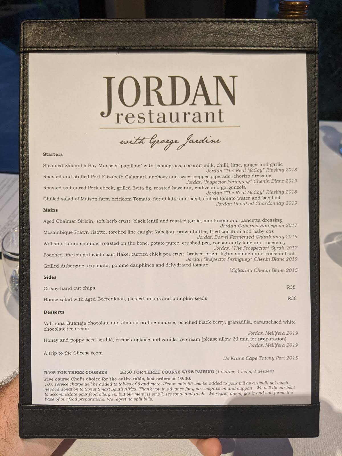 Menu at The Jordan Restaurant with Marthinus Ferreira, Stellenbosch