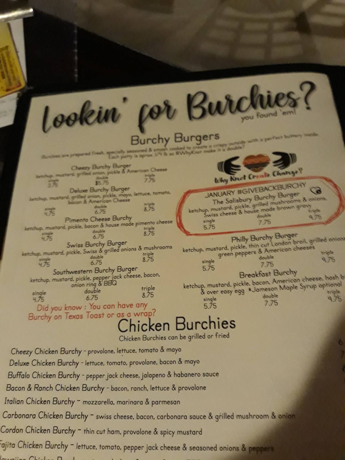 Menu at The Knot Burger Pub, Summerville, 208 E 5th N St