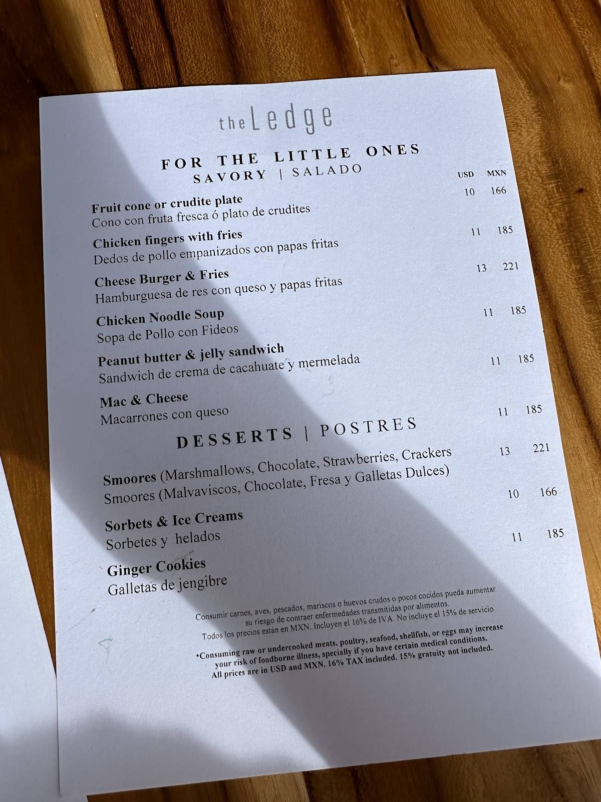 Menu at The Ledge at The Cape, a Thompson Hotel restaurant, Cabo San Lucas