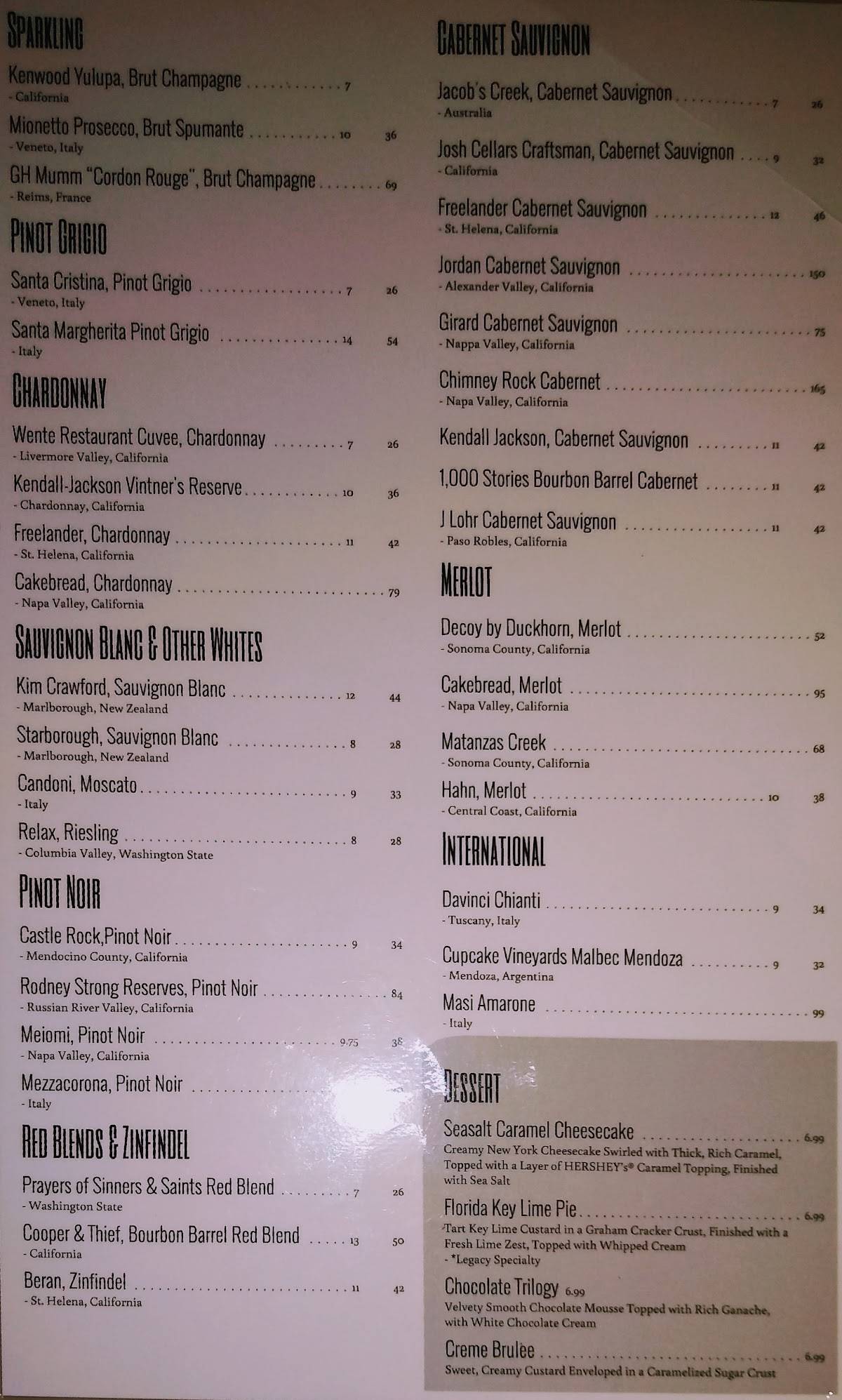 Menu at The Legacy Restaurant at Nancy Lopez Country Club, The Villages ...